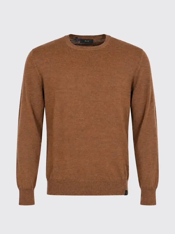 FAY Pure Merino Wool Crewneck Jumper With Ribbed Trims - Leather