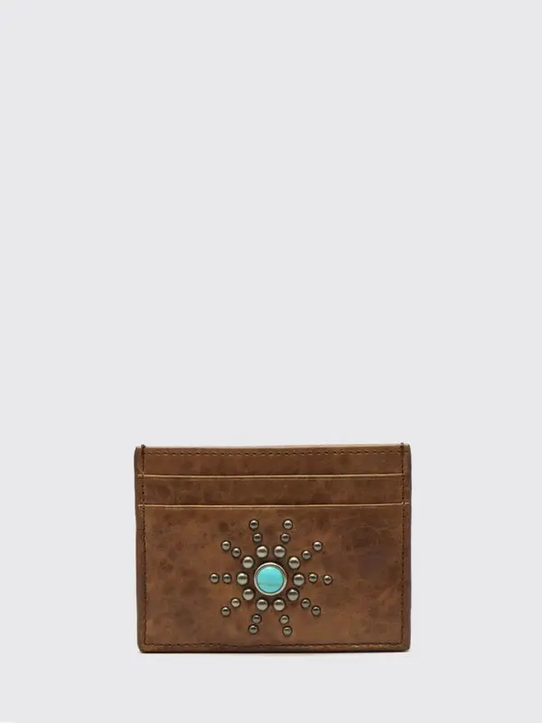 HTC LOS ANGELES Cowhide Leather Card Holder With Embroidery - Brown