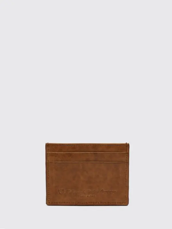 HTC LOS ANGELES Cowhide Leather Card Holder With Embroidery - Brown