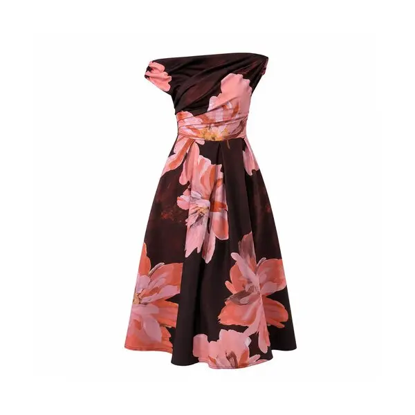 GIRL IN MIND Betty Asymmetric Neckline Large Floral Skater Midi Dress Plum - Pink