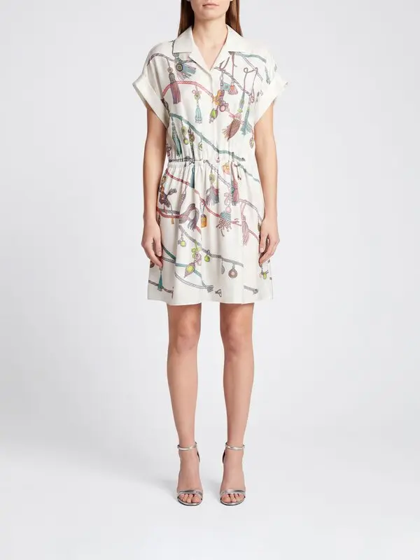 Versace Graphic-print Silk Twill Mini Shirt Dress With Ruched Waist - Ivory