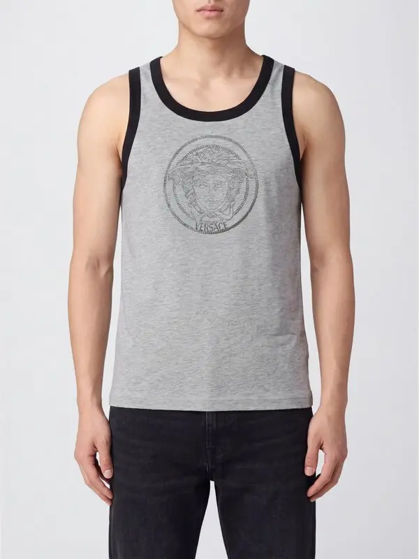 Versace Embroidered Medusa Logo And Rhinestone Cotton Tank Top - Grey