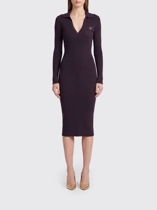 Elisabetta Franchi Ribbed-knit V-neck Midi Sheath Dress