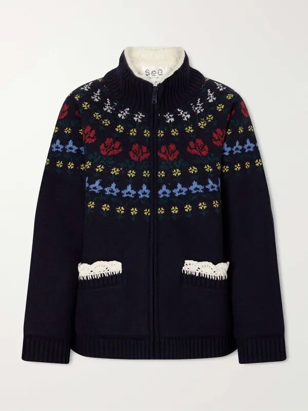 Sea Preston Crochet-trimmed Merino Wool-blend Jacket - Navy