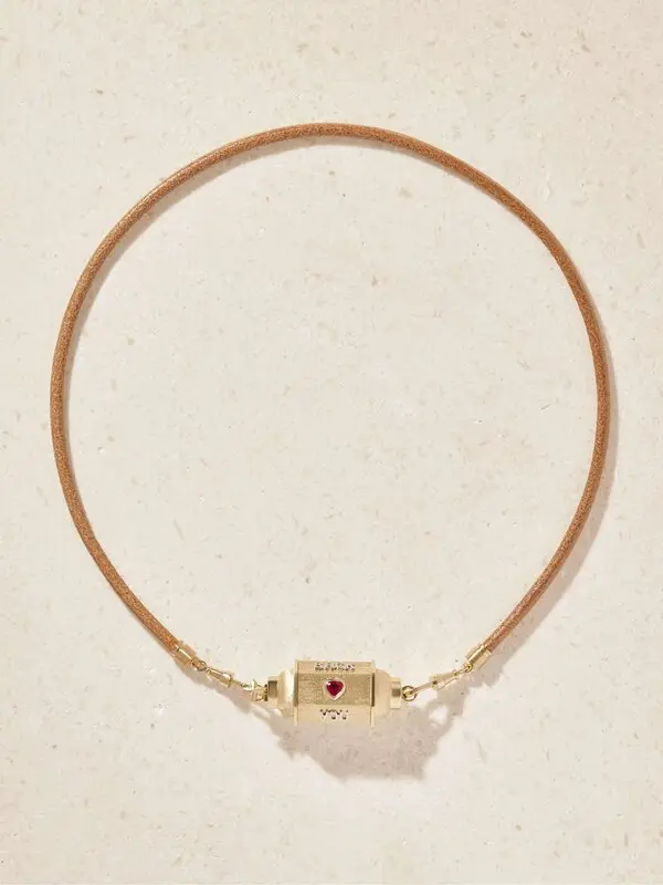 MARIE LICHTENBERG Love You Locket 18-karat Yellow And White Ruby, Diamond And Leather Necklace - Gold