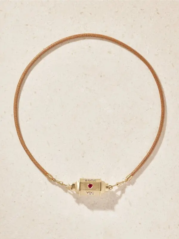 MARIE LICHTENBERG Love You 18-karat Yellow And White Ruby And Diamond Leather Necklace - Gold