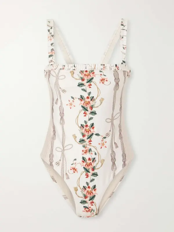Agua Bendita Limón Navegante Floral-embroidered Recycled-blend Swimsuit - Cream