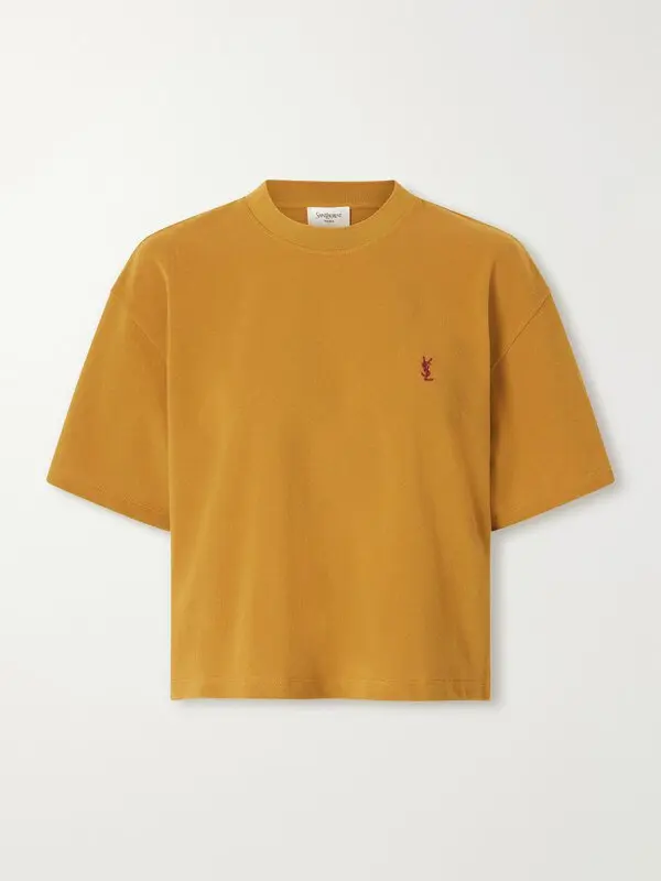 Saint Laurent Cassandre Embroidered Cotton-piqué T-shirt - Brown
