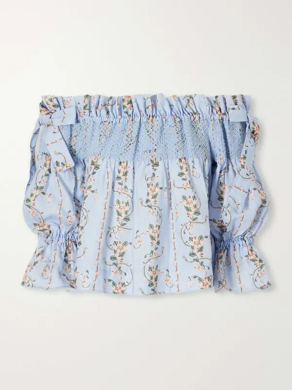 Agua Bendita Isla Navegante Printed Smocked Linen Blouse - Blue