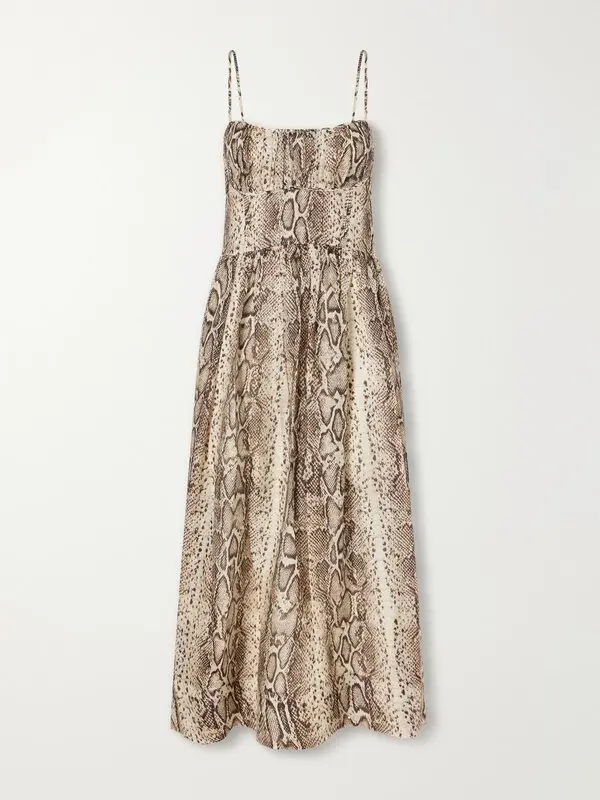 Cara Cara Alba Gathered Snake-print Linen And Silk-blend Organza Midi Dress - Neutrals