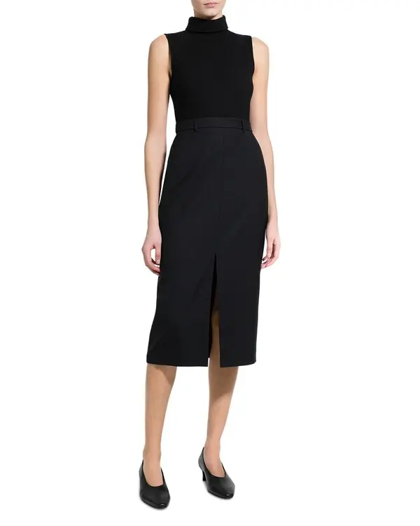 Theory Funnel Neck Sleeveless Draped Midi Dress - Black