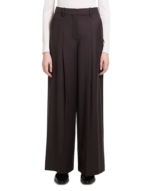 Theory Wide Leg Pleated Wool Trousers - Cacao