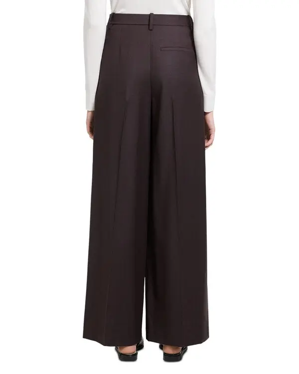 Theory Wide Leg Pleated Wool Trousers - Cacao