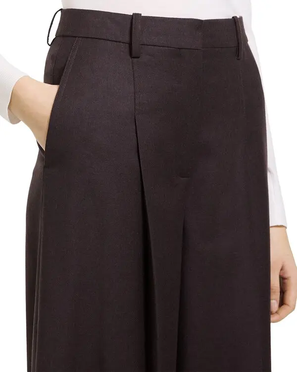 Theory Wide Leg Pleated Wool Trousers - Cacao