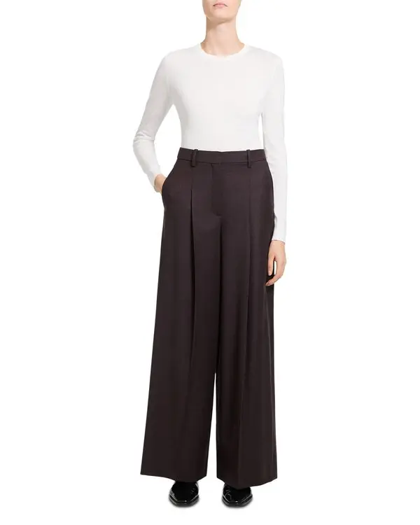 Theory Wide Leg Pleated Wool Trousers - Cacao