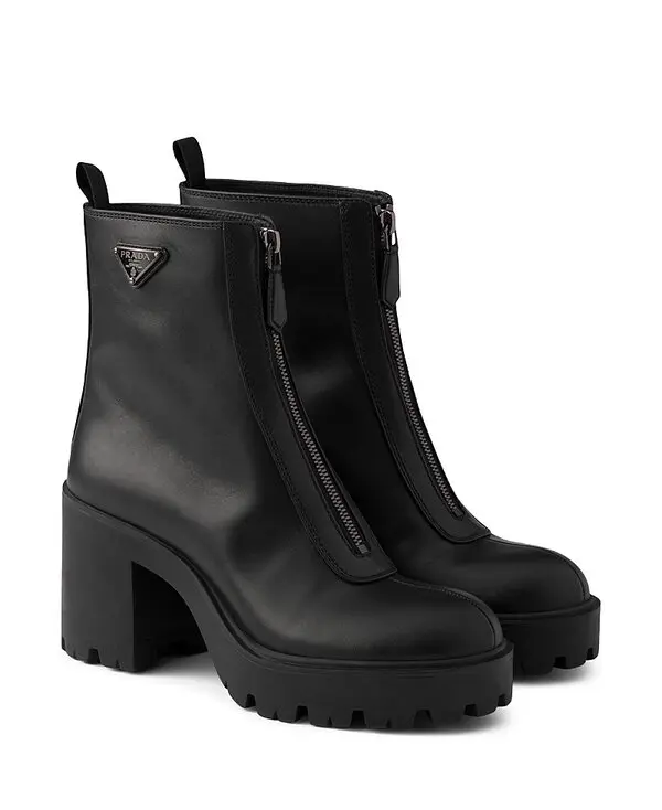 Prada Leather Ankle Boots With Zipper - Black