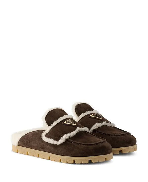 Prada Suede And Shearling Mules - Brown