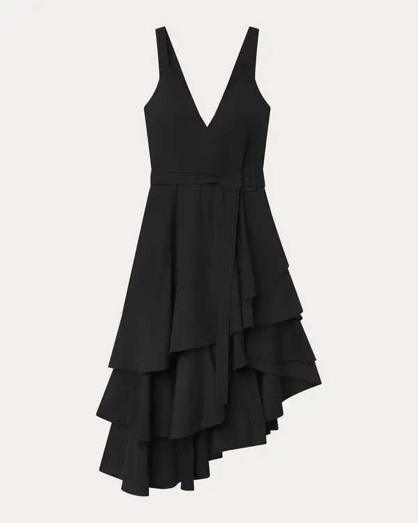 Co Tton Poplin Asymmetric Tiered Midi Dress - Black