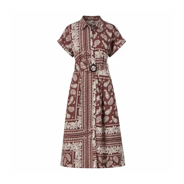 YUMI Scarf Print Midi Shirt Dress - Brown