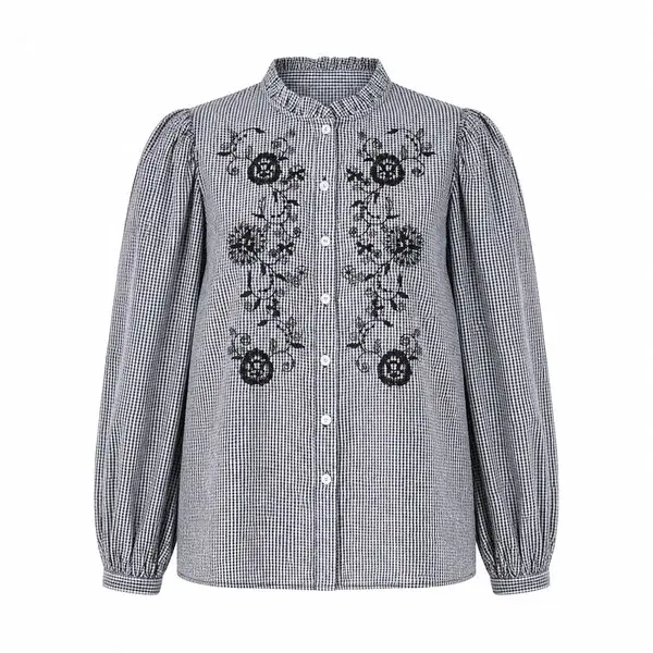 YUMI Cotton Gingham Embroidered Shirt