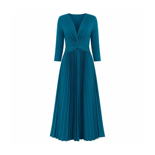 YUMI Teal Stretch Wrap Pleated Midi Dress