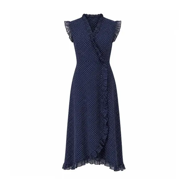 YUMI Navy Polka Dot Midi Wrap Frill Dress - Blue