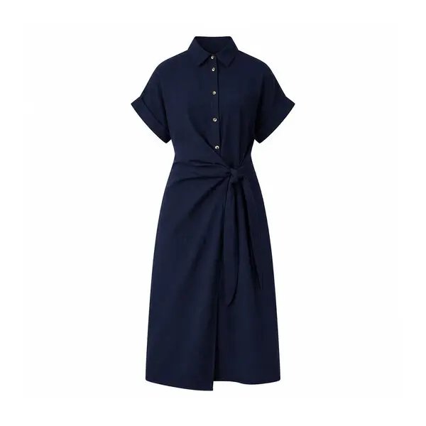 YUMI Navy Wrap Tie Midi Shirt Dress