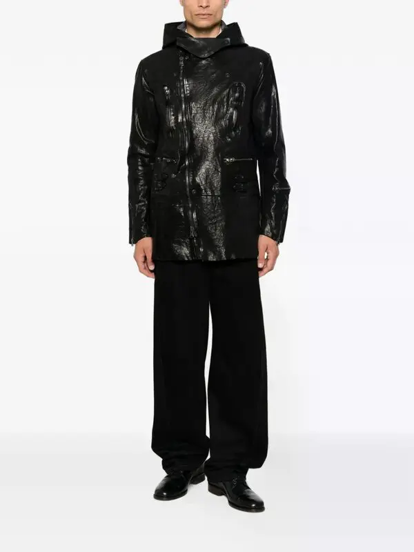 Yohji Yamamoto Hooded Crinkled Leather Coat