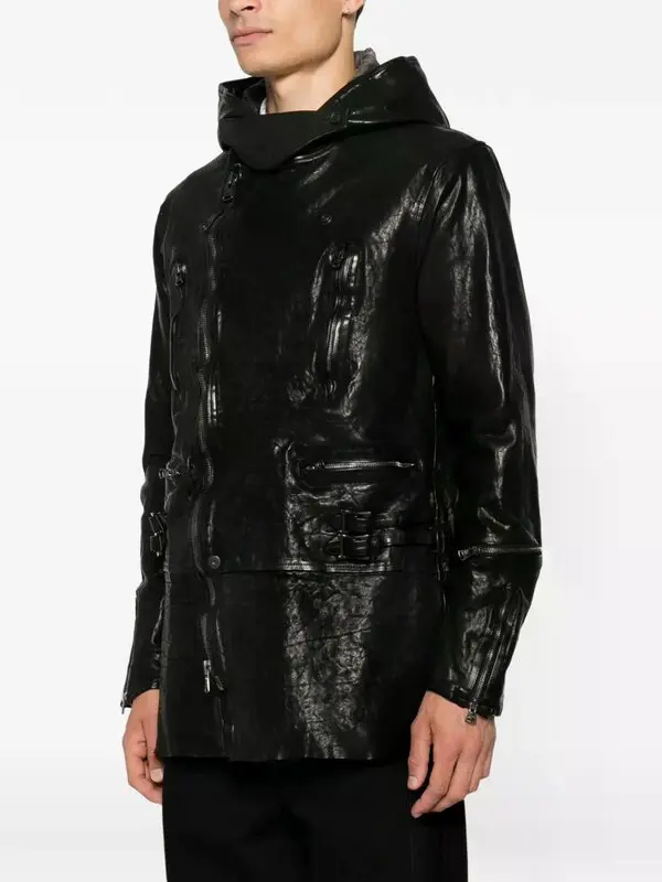 Yohji Yamamoto Hooded Crinkled Leather Coat
