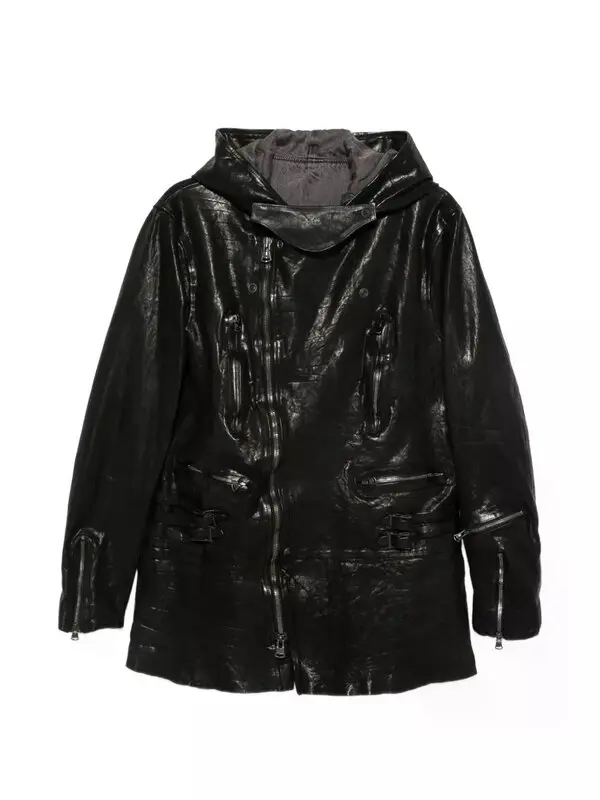 Yohji Yamamoto Hooded Crinkled Leather Coat - Black