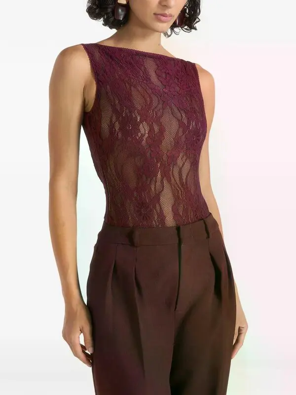 Manière De Voir Rhonda In Wine Open-back Lace Bodysuit