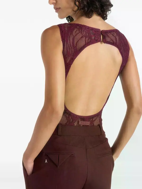 Manière De Voir Rhonda In Wine Open-back Lace Bodysuit