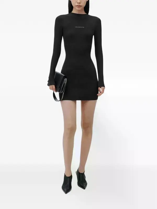 Alexander Wang Textured-logo Long-sleeve Crewneck Dress - Black