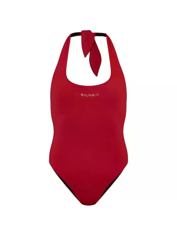 Balmain Halterneck Logo-embellished Swimsuit - Red