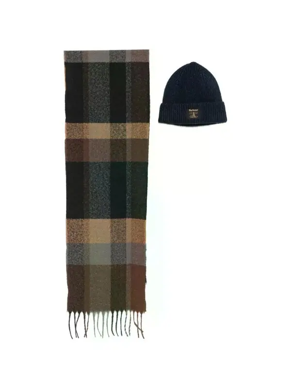 Barbour Check Fringed Scarf Set