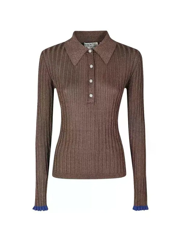 Essentiel Antwerp Glitter Effect Ribbed Knit Polo Shirt - Brown