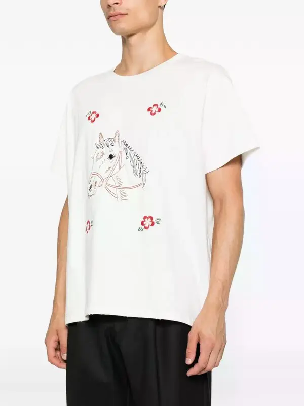 FOUND Horse Floral-embroidered T-shirt - White