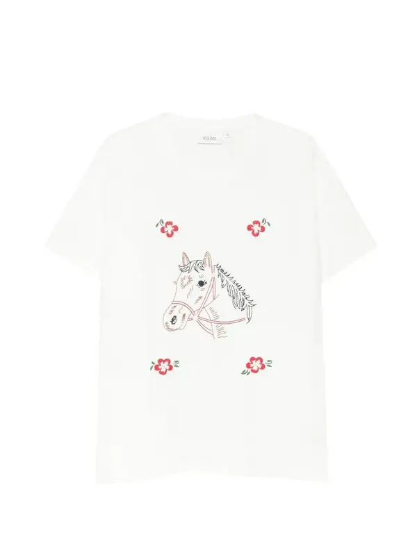 FOUND Horse Floral-embroidered T-shirt - White