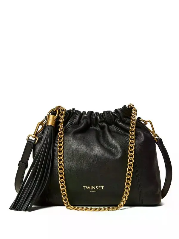 TWINSET Leather Shoulder Bag With Ruching - Black