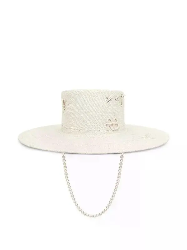 Ruslan Baginskiy Pearl-embellished Distressed Canotier Hat - White