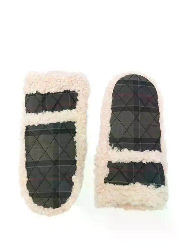 Barbour Quilted Tartan Mittens With Faux-shearling Trim - Green