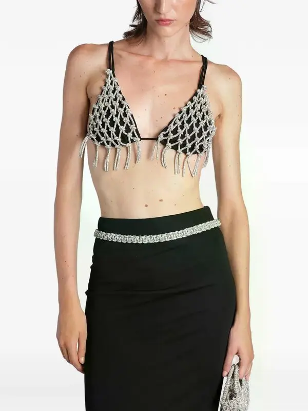 HIBOURAMA Triangle Crystal-embellished Fringed Top