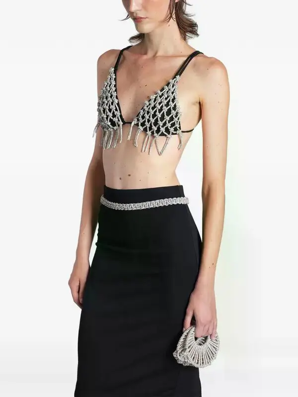 HIBOURAMA Triangle Crystal-embellished Fringed Top