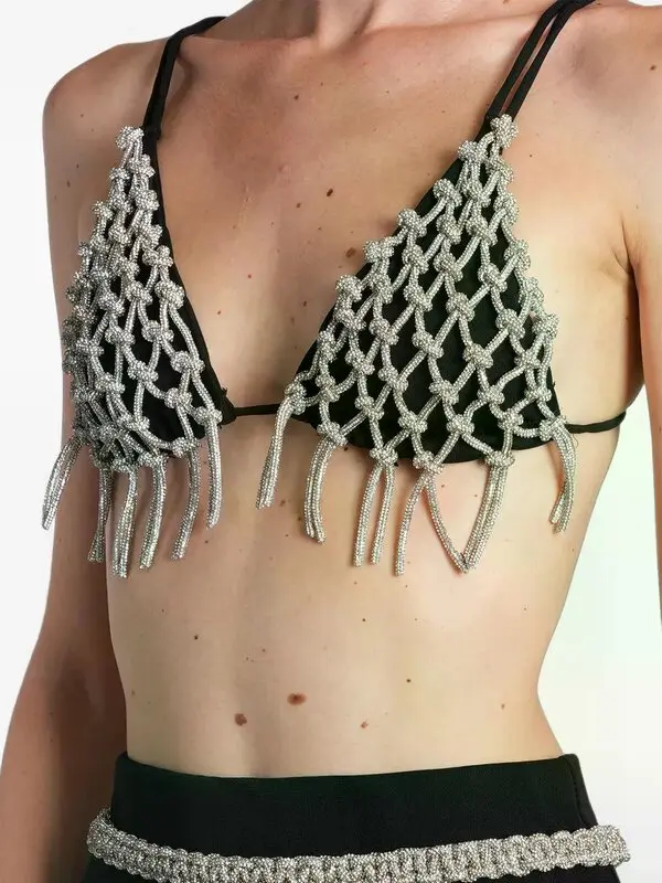 HIBOURAMA Triangle Crystal-embellished Fringed Top