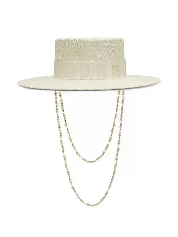 Ruslan Baginskiy Pearl-chain Straw Boater Hat - Neutrals