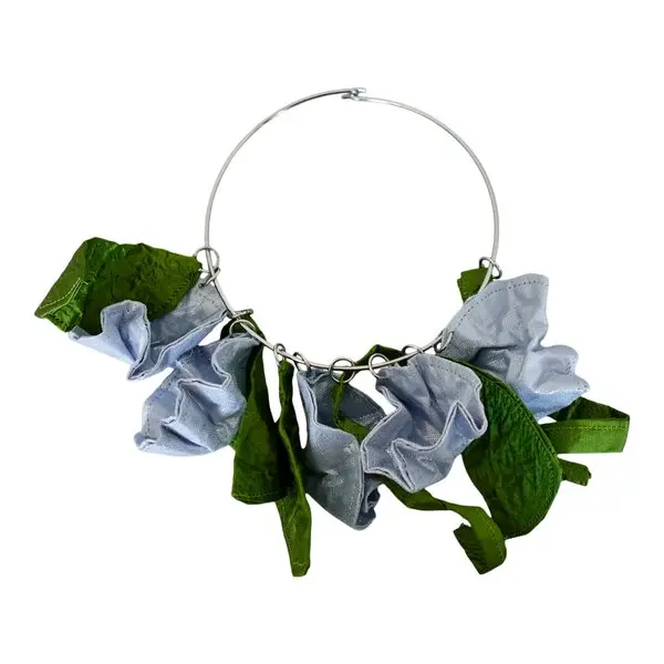 ROMER MILLINERY Blue / Green Metallic Silk & Linen Blue Floral Choker - Blue/green