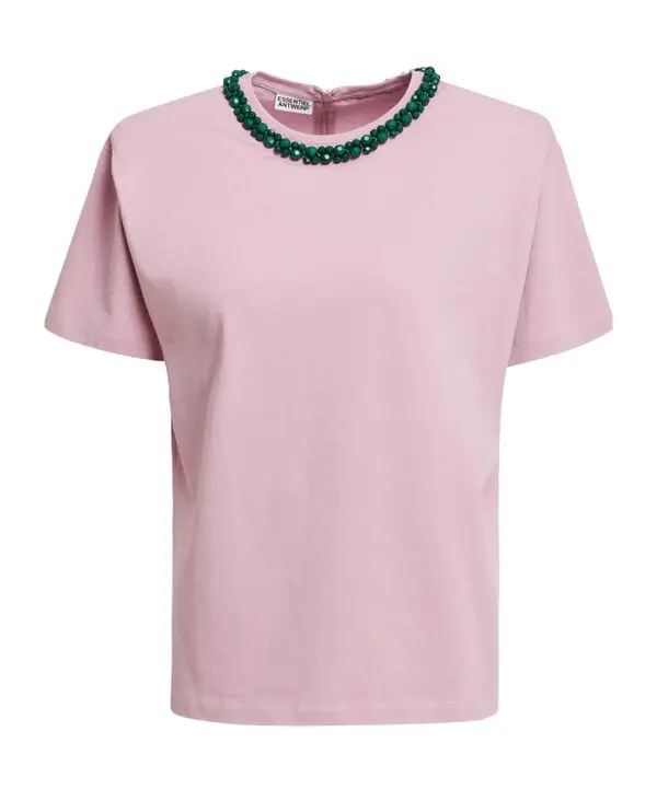 Essentiel Antwerp T-shirt With Dark Green Embellished Collar - Light Pink