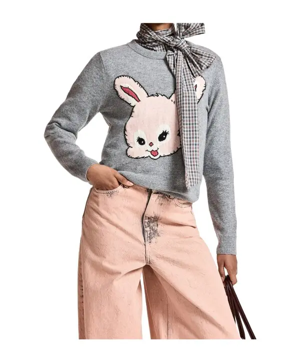 Essentiel Antwerp Grey And Light Pink Rabbit-intarsia Wool-blend Sweater