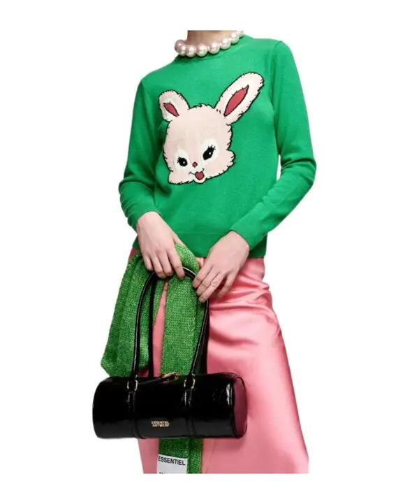 Essentiel Antwerp Green And Light Pink Rabbit-intarsia Wool-blend Sweater