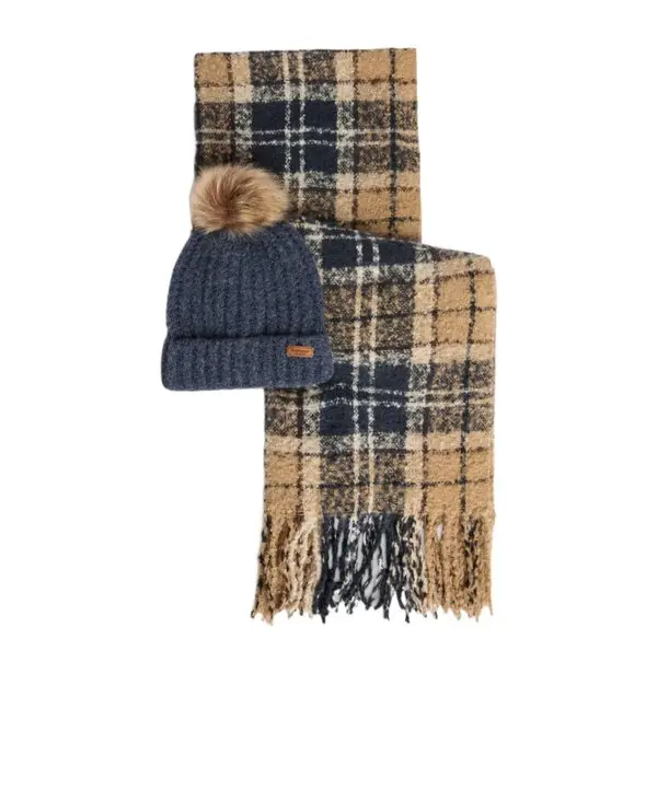 Barbour Two-piece Set Including Knitted Hat And Plaid Scarf - Birch Color